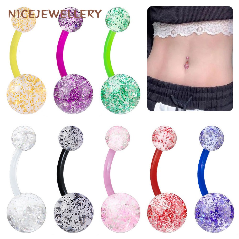 8 Colors Curved Rod Navel Ring Acrylic Sequin Ball Navel Piercing 1.6mm ...