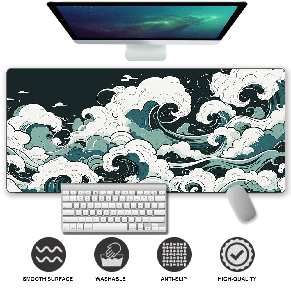 Aesthetic Japanese Cloud & Ocean Wave Desk Mat | Stylized Sage Green ...