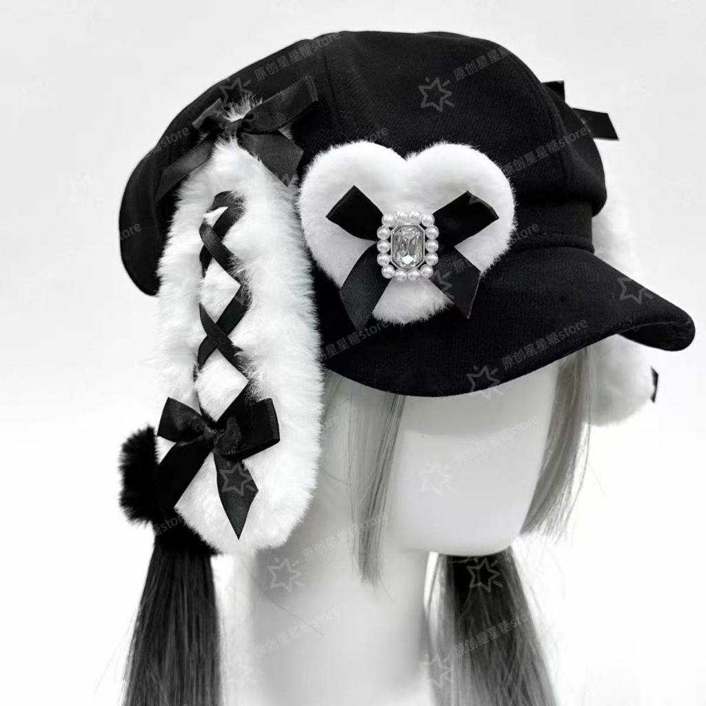 Japanese Store Octagonal Hat Rabbit Ear Black Hat Versatile Cute Bow ...