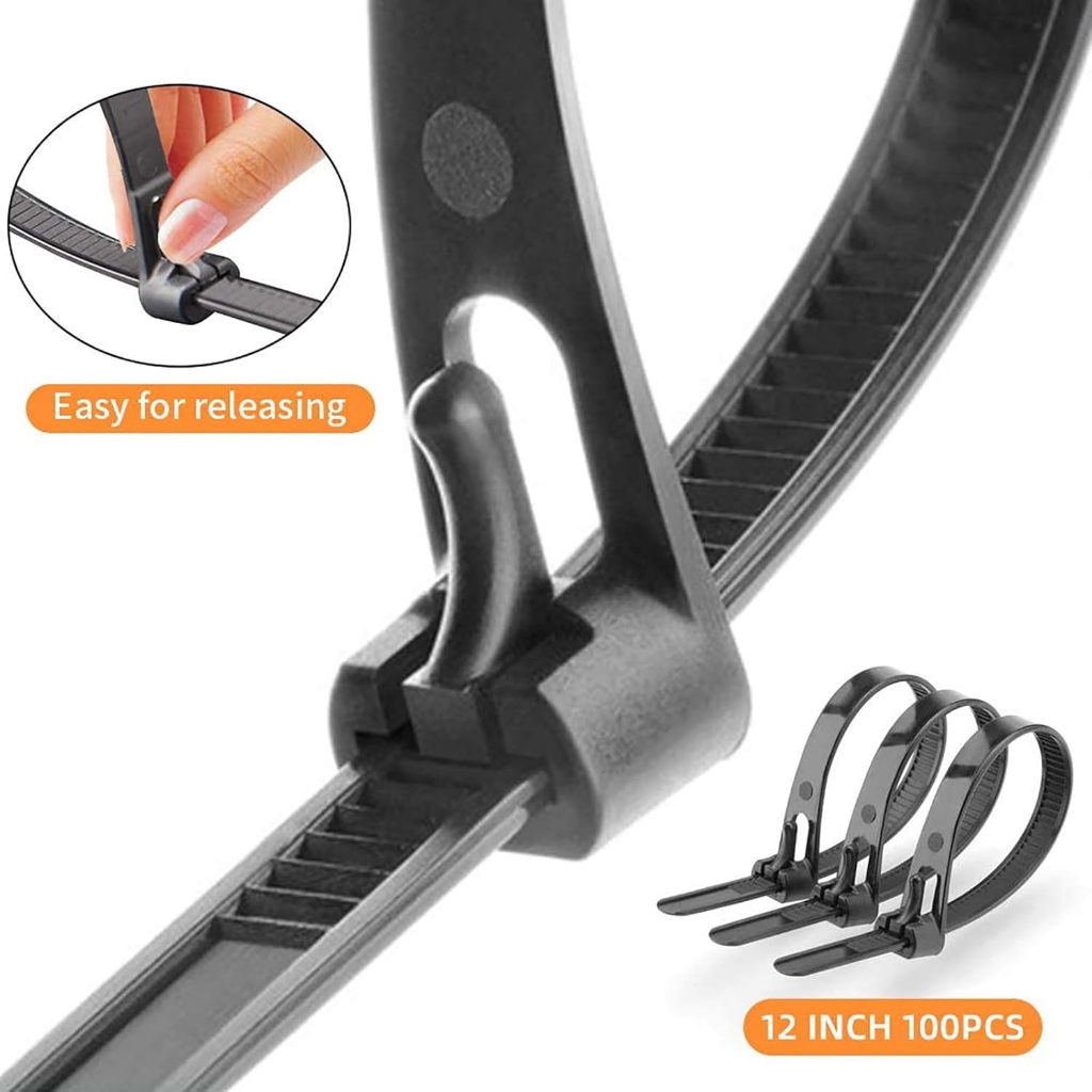 100 Pack Reusable Black Heavy Duty Cable Ties 7.6mm Strong Nylon Zip ...