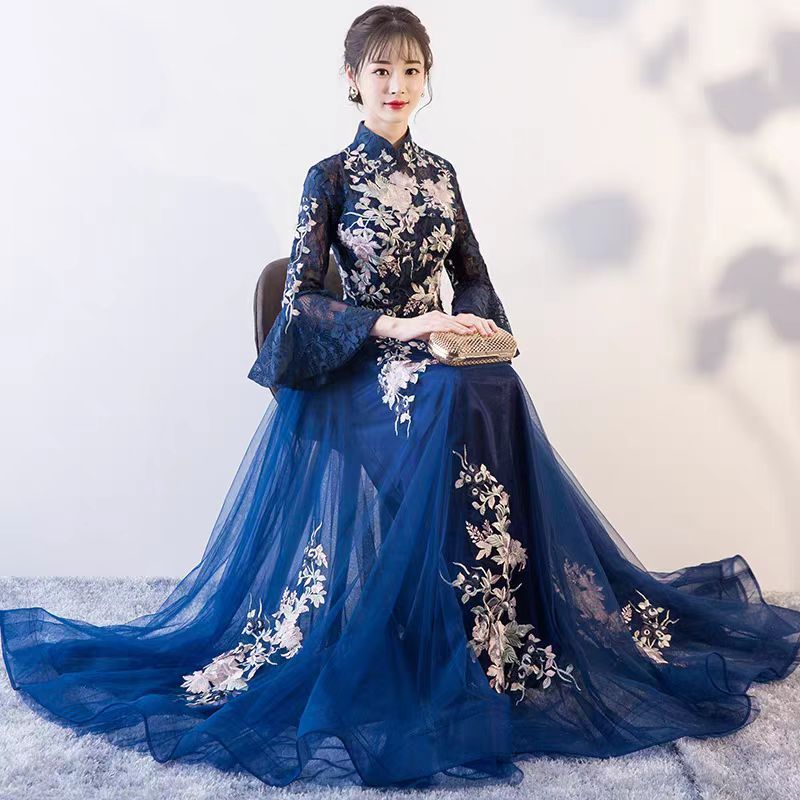 red blue cream cheongsam long sleeve wedding prom dress gown 2025-中式礼服 ...