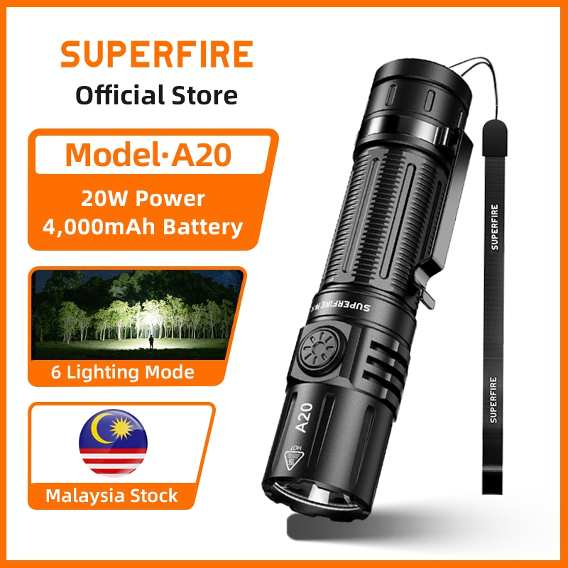 SUPERFIRE A20 20W Flashlight High-power 1700 Lumens Type-C Rechargeble ...