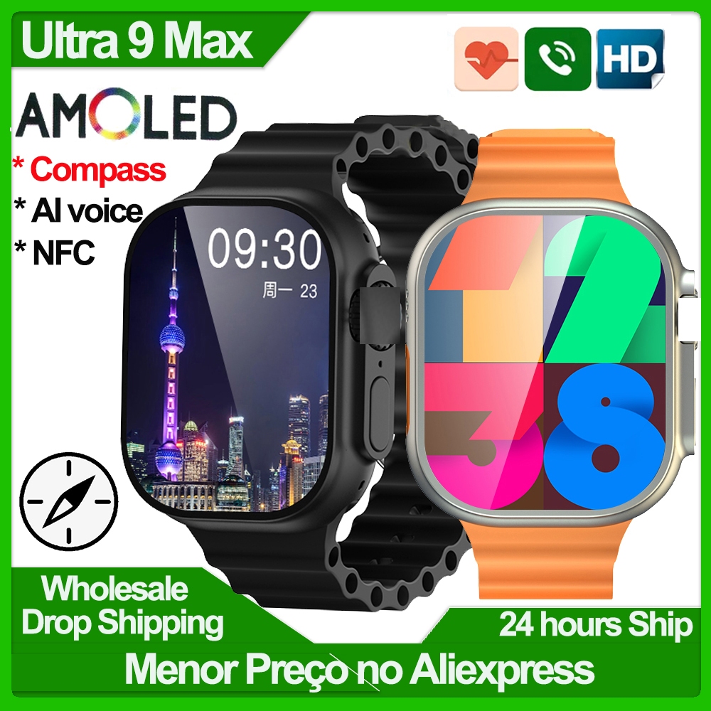 AMOLED Ultra 9 Max Compass Smart Watch Men Heart Rate Monitor 2.1 Inch ...