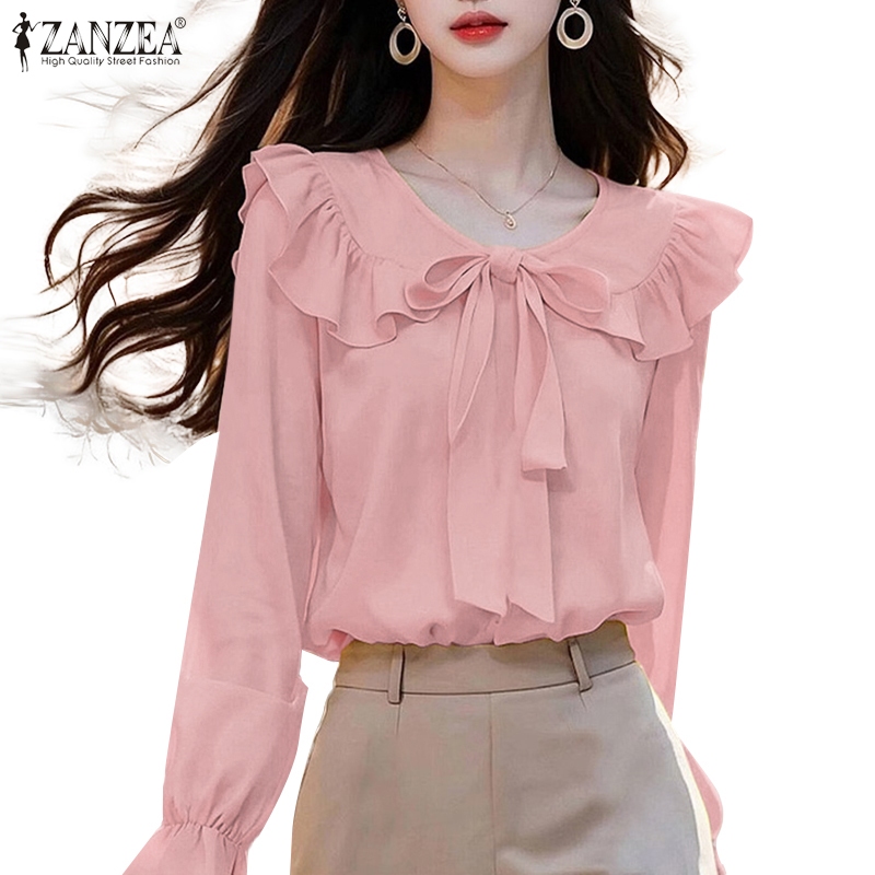 ZANZEA Women Korean Casual Lapel Ribbon Ruffled Long Sleeve Solid ...