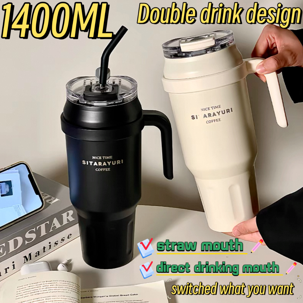 Large Capacity 1400ML Tumbler Water Cup with Handle Straw 304 Stainless Steel Big Mac Thermos ...