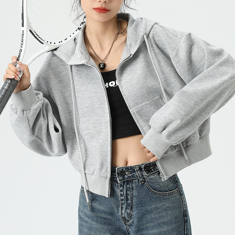【READY STOCK】Bella Women's Grey Hooded Jacket Korean Style Cropped Zip ...