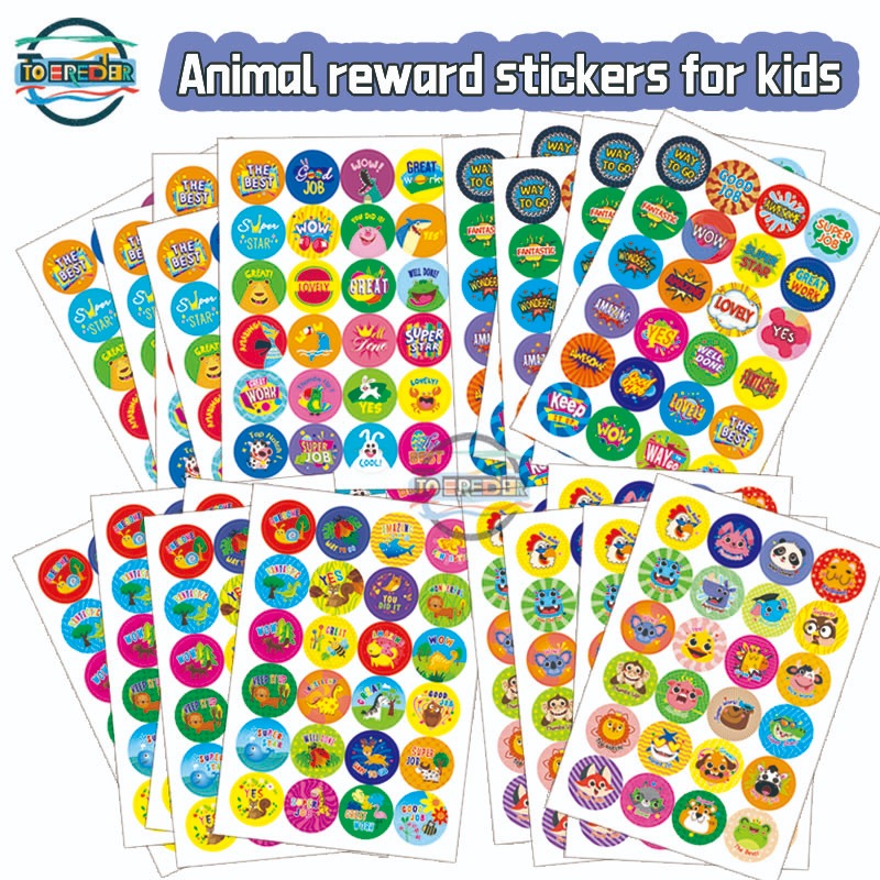 【240pcs Animal English Reward Stickers】 4 Cute Designs 20mm Diameter ...