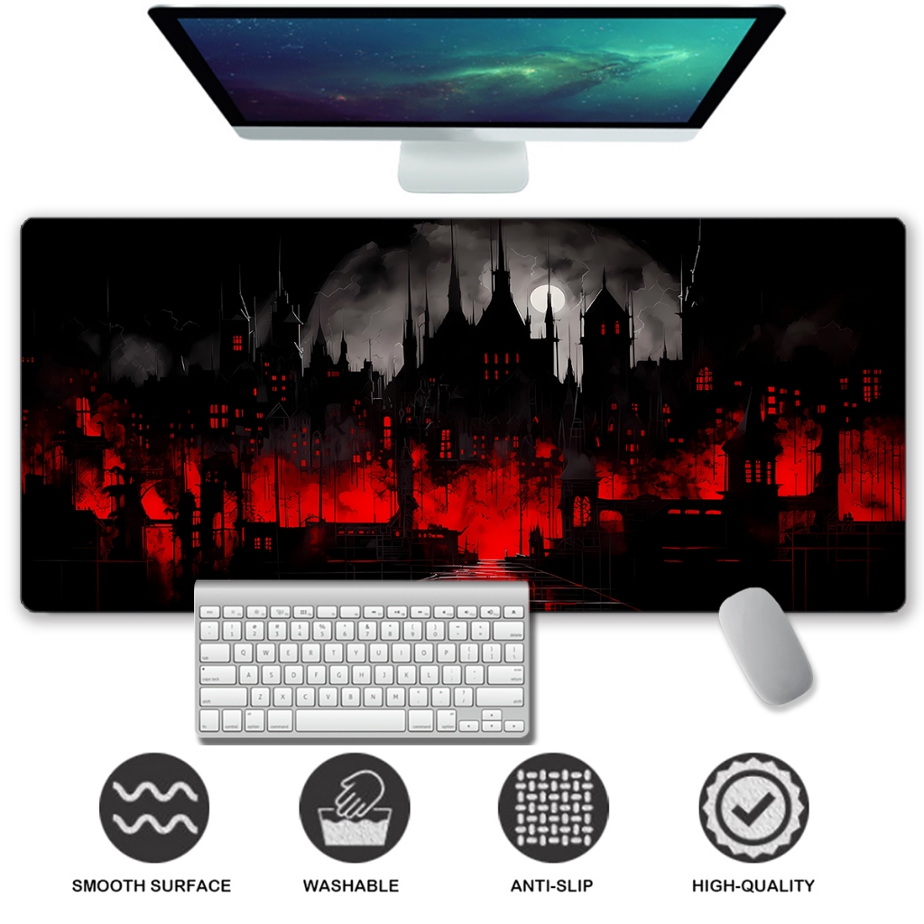 Horror Desk Decor, Gothic Town at Night, Red and Black Desk Mat ...