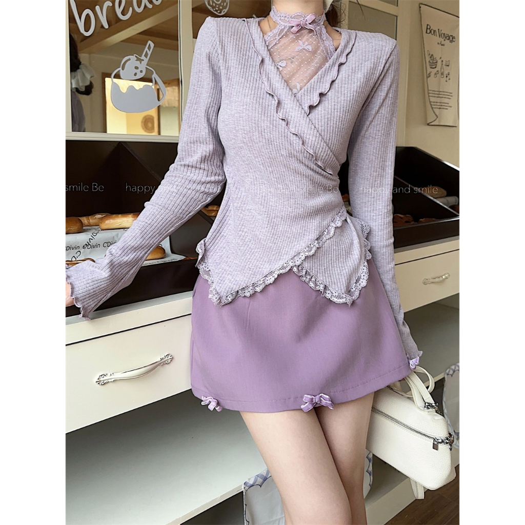 84005 Purple Mesh Stitching Lace Slimmer Look Top/Bow Skirt | Shopee ...