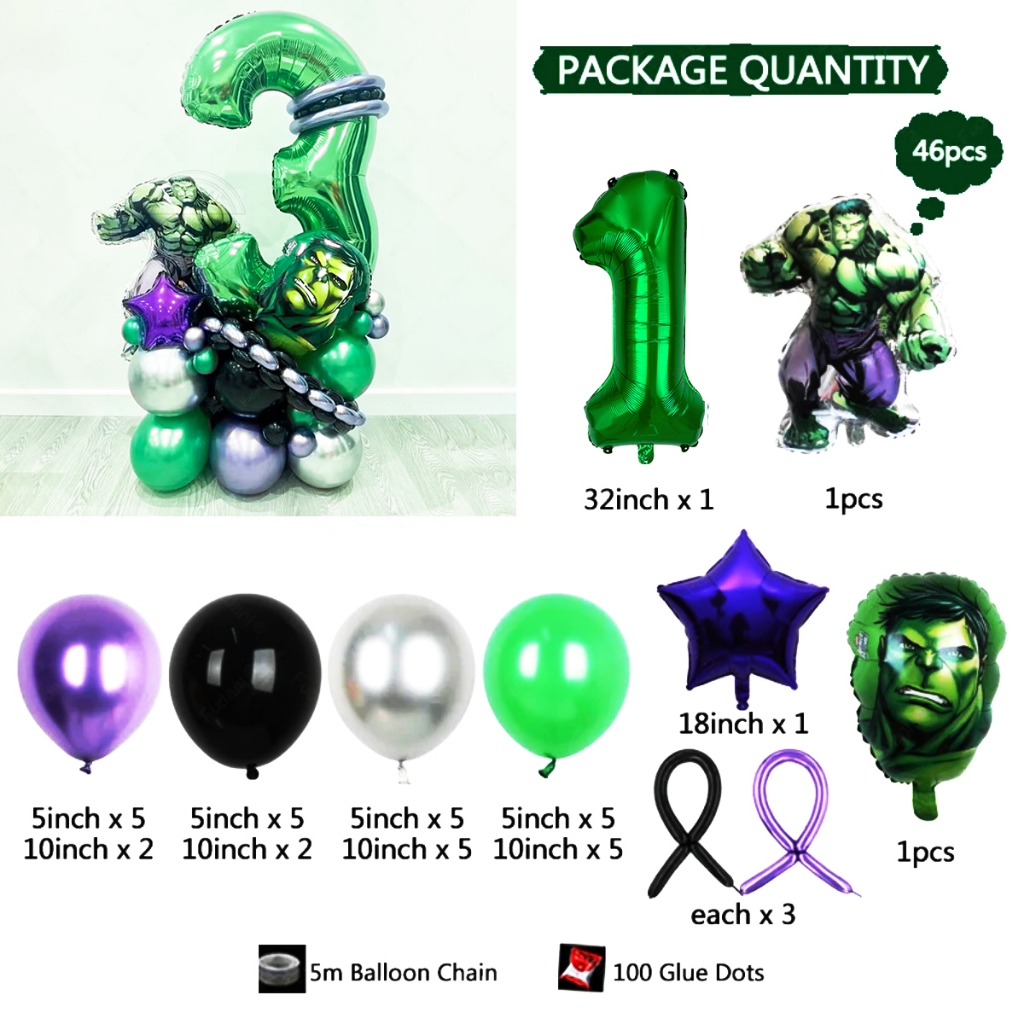 46pcs Hulk Hero Party Balloons Set Number Balloon Avengers Theme ...