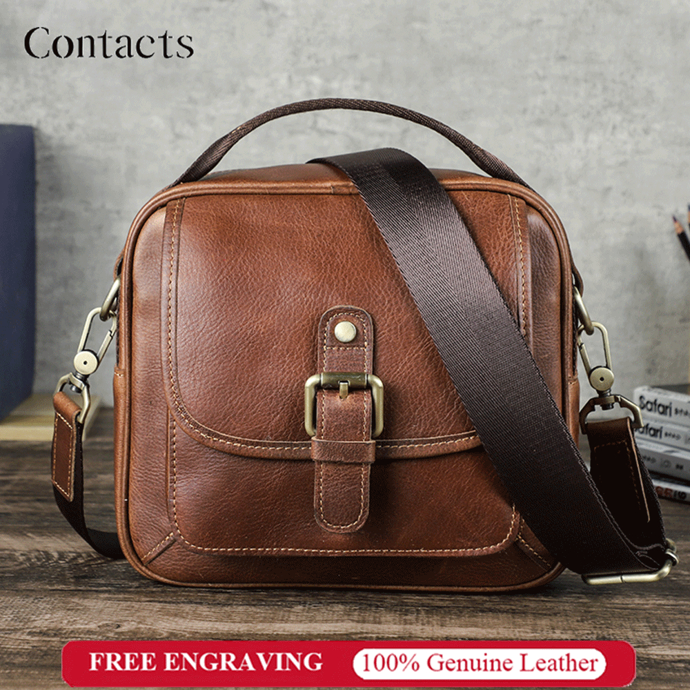 CONTACTS Genuine Leather Men Small Messenger Bag Vintage Shoulder Bags ...