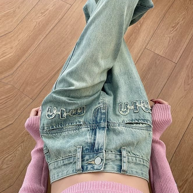 Spring Summer Letter Embroidered Wide-Leg Jeans Women 2025 New Style ...