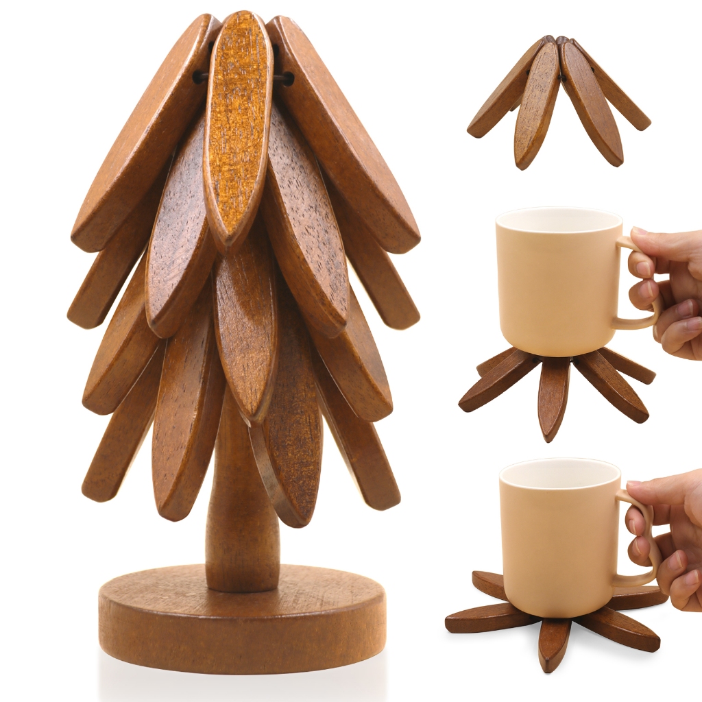 4PCS Wooden Trivets for Hot Dishes Folding Tree Shape Black Walnut ...