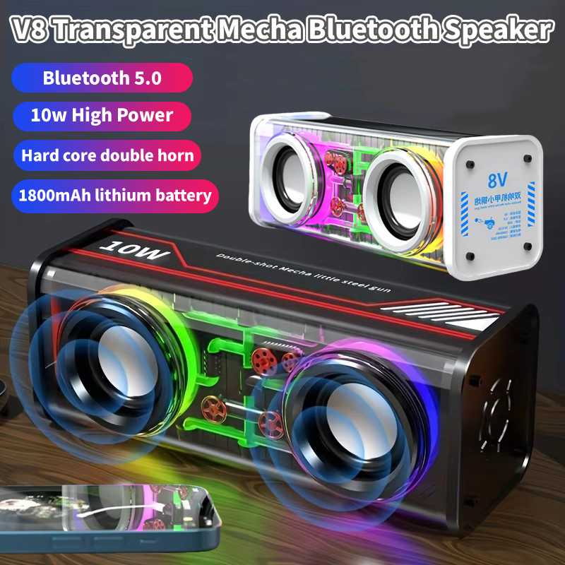 V8 Transparent Mecha Wireless Bluetooth 5.0 Speakers Double Bass ...
