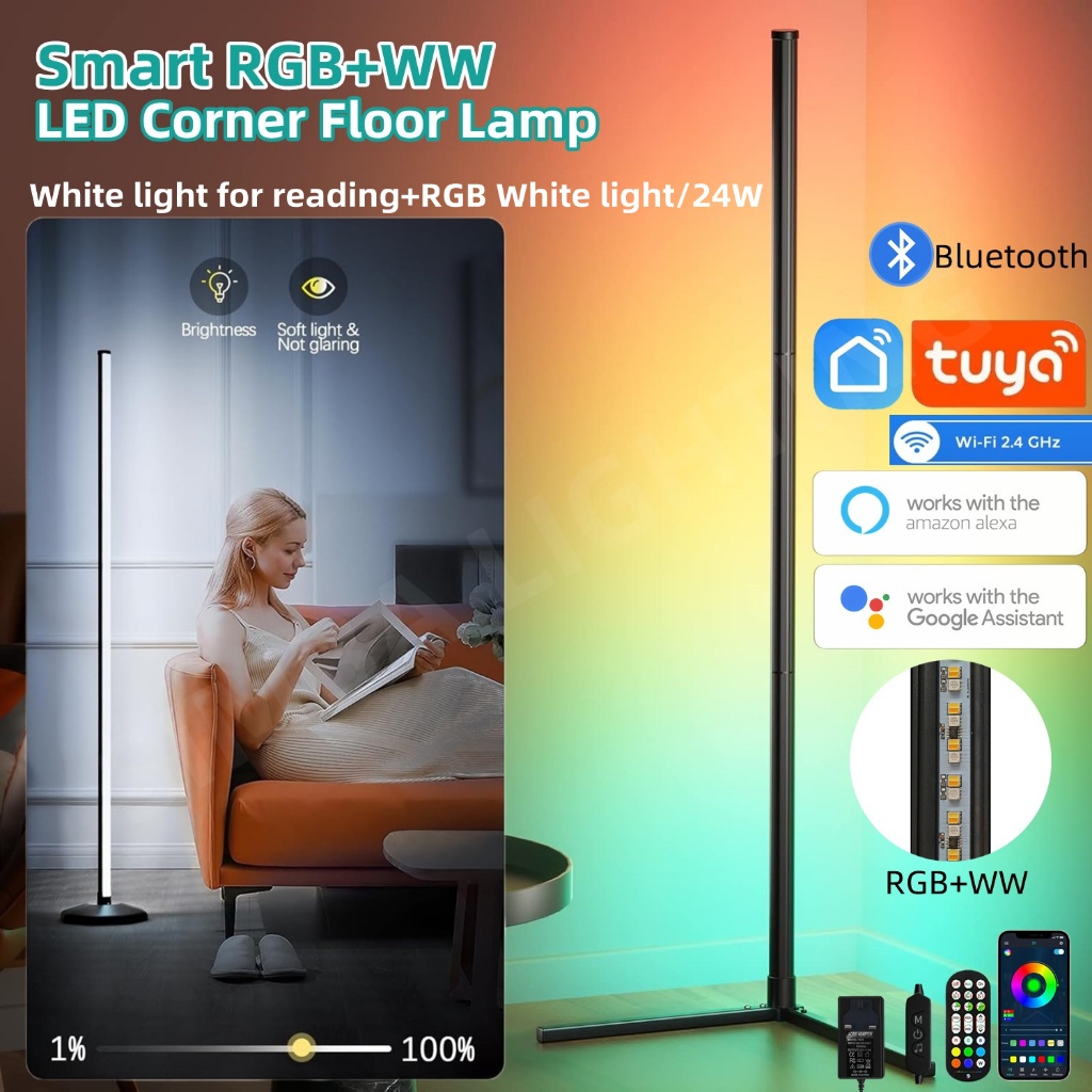 Smart RGB LED Corner Floor Lamp 65 inch/165cm White Light CCT Lighting ...