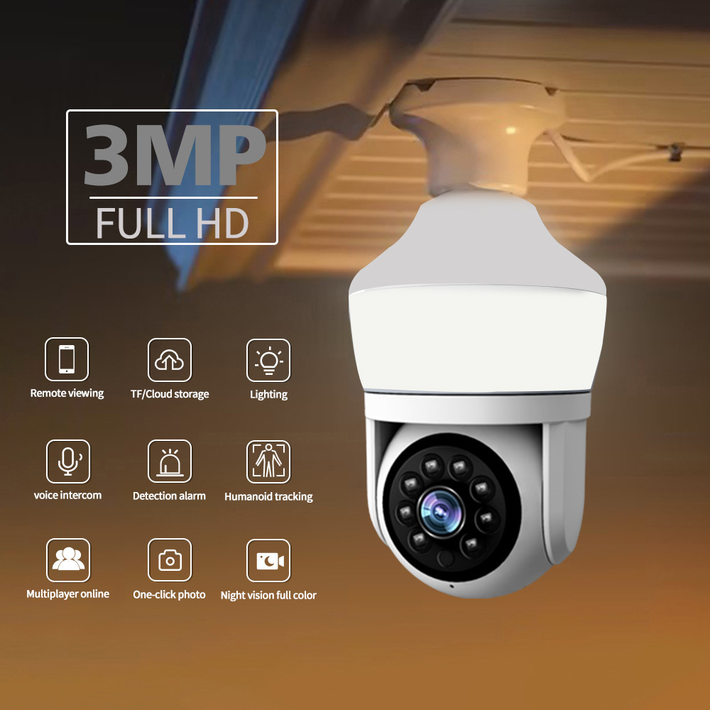 3MP E27 Bulb Camera Wifi Surveillance with LED Bulb PTZ Two-way Audio ...