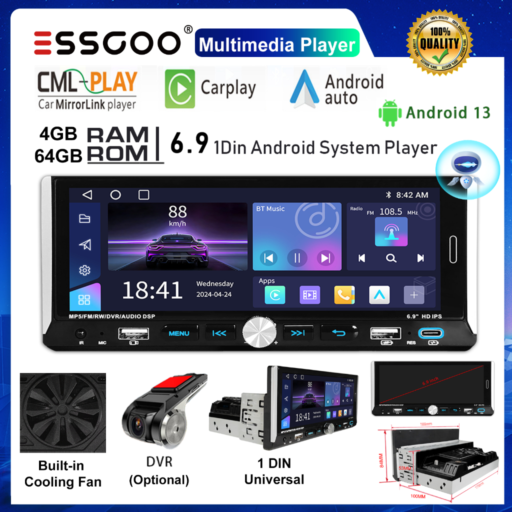 ESSGOO Single Din Built-in Fan 6.9 Inch 4+64GB Car MP5 Player CarPlay & Android Auto IPS Screen ...