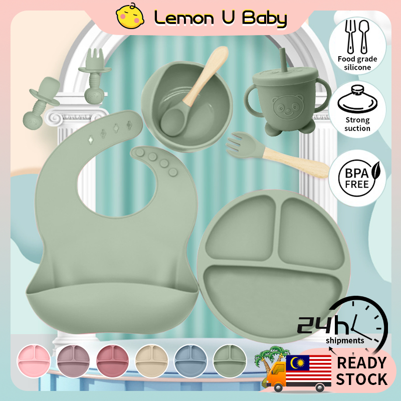 【Lemonu baby】5PCS Baby Feeding Set baby silicone plate bowl and bib ...