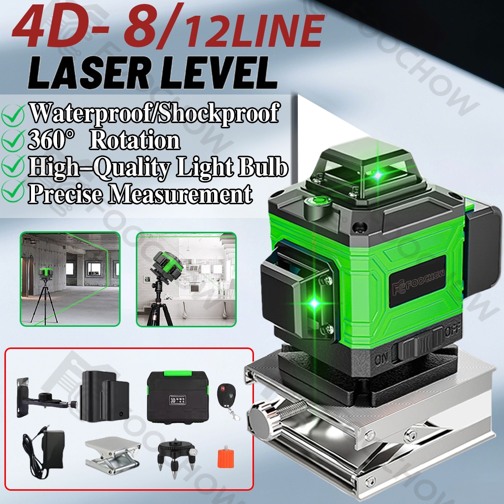 4D 8/12 Line Laser Level Green Laser Self-Leveling 360° Rotation Indoor ...