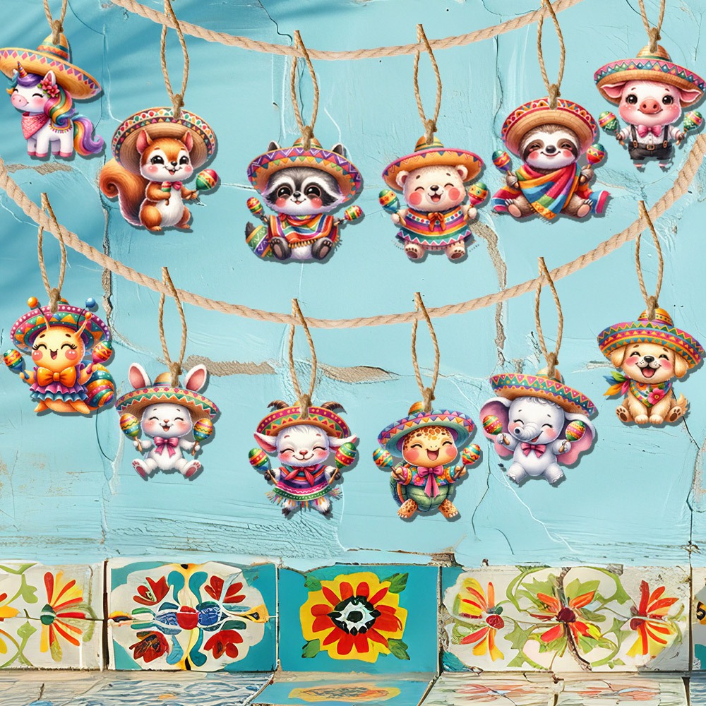 12Pcs, Wooden Cinco de Mayo Animals Decoration Watercolor Festive ...