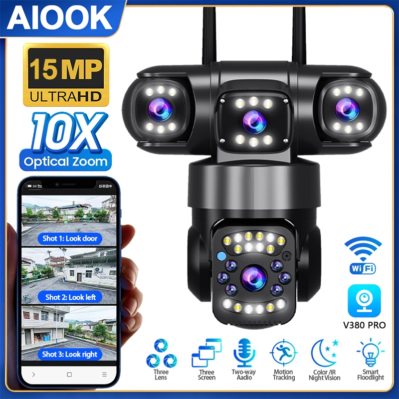 AIOOK V380 Outdoor Camera WiFi HD 15MP Triple Lens Camera Waterproof ...