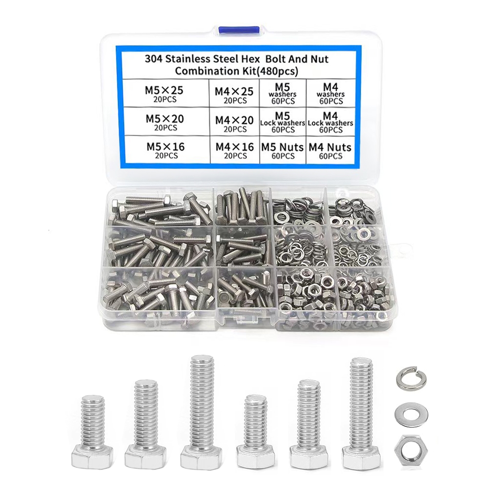 480PCS Hex Bolts and Nuts kit, 304 Stainless Steel M4 M5 Metric Bolt Assortment (Lock & Flat ...