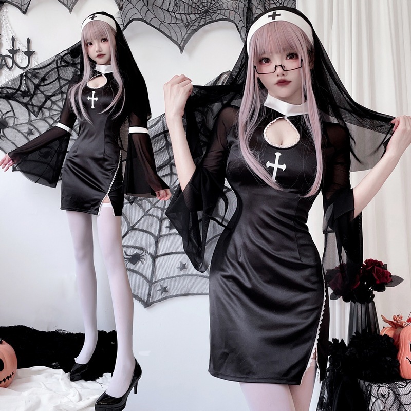 Halloween Adult cosplay Costume Vampire Nun Costume Cross Dark Gothic ...