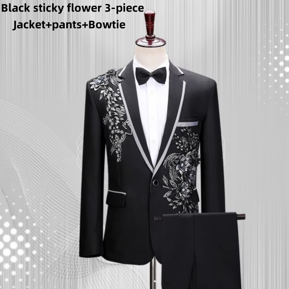 New Elegant White Black Sticky floral suit Set Stand Collar Mens ...