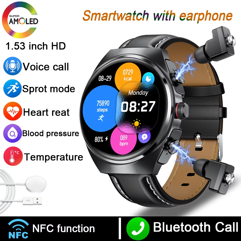 2025 New NFC TWS Music Talk Smartwatch Earphone 2 In 1 Men Smart Watch ...