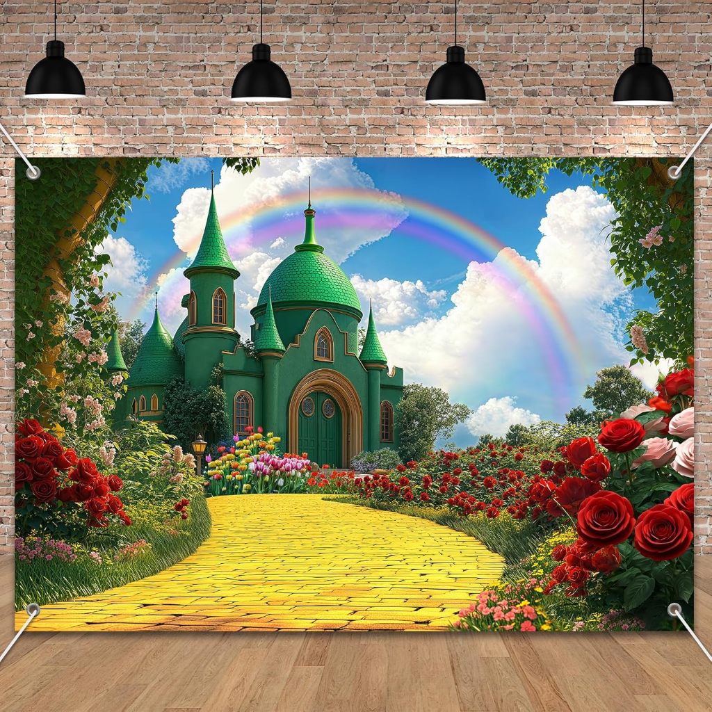 7X5FT Green Castle Yellow Brick Road Backdrop, Wonderland Rainbow ...