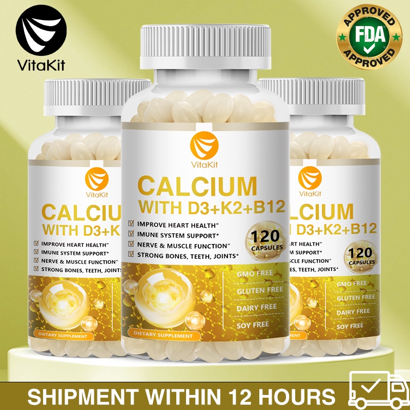Calcium D3+K2+B12 capsules, vitamin D3, vitamin K2, vitamin B12 ...