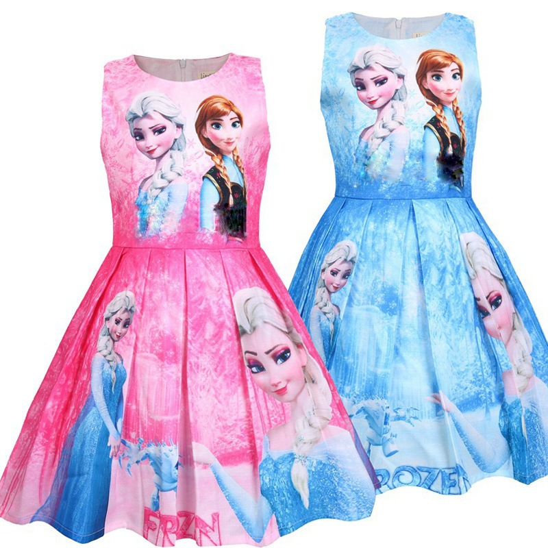Frozen Elsa Anna Print Princess Dresses Girls Cartoon Kids Clothing ...