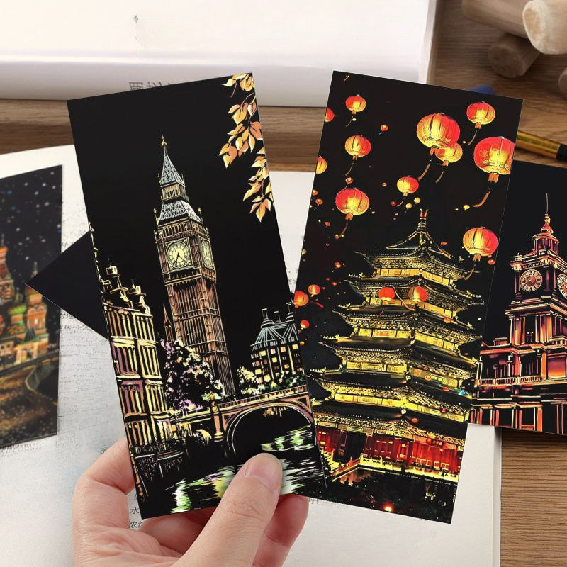 12 sheets World Famous Cities Night Scene Scratch painting Bookmarks ...
