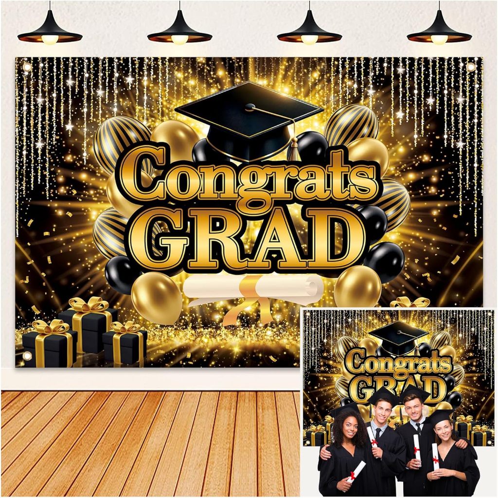7X5FT Congrats Grad Backdrop Black Gold Graduation Prom Party ...