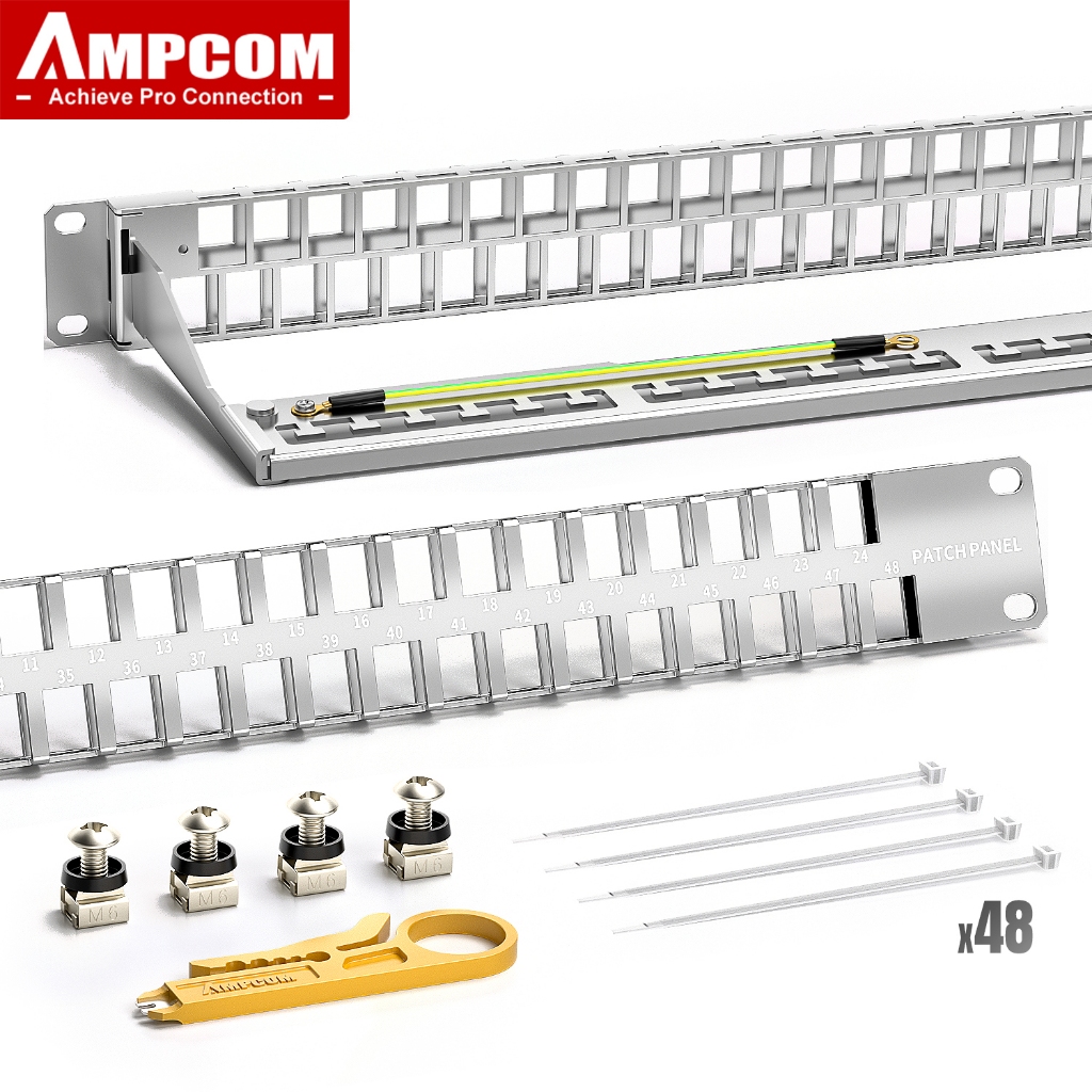 AMPCOM Blank Keystone Patch Panel 1U 48-Port, STP UTP Rack Mount w ...