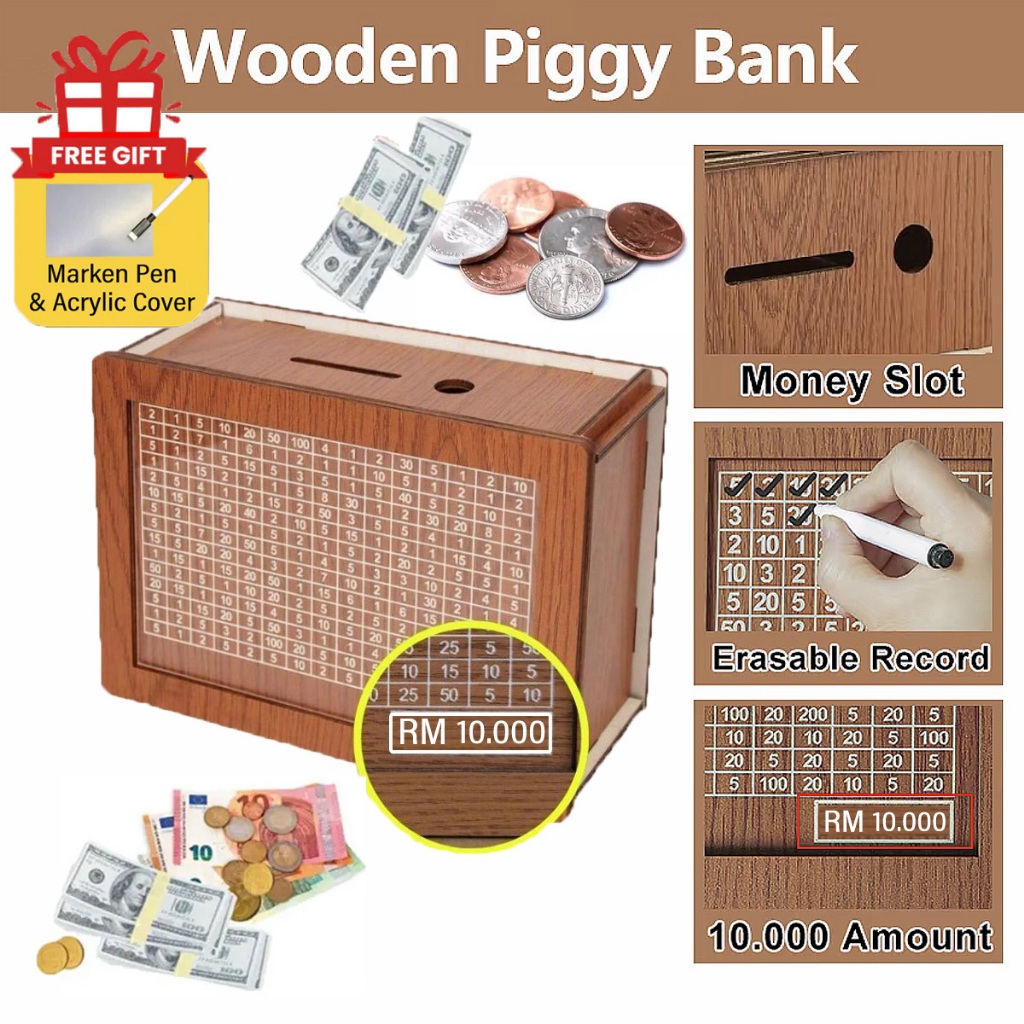 Money Saving Box Wood Money Bank with number on the box Tabung Duit ...