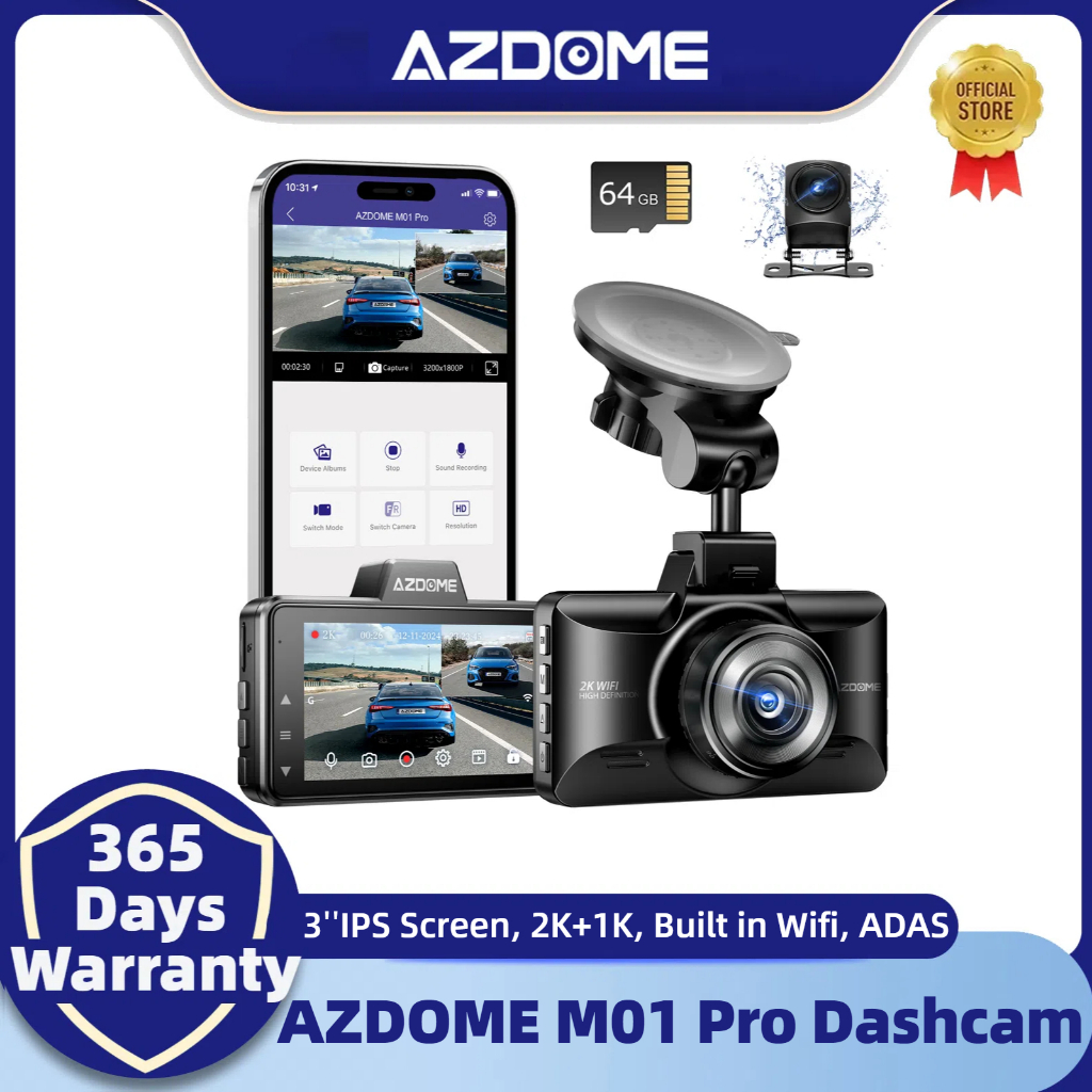 AZDOME Upgraded M01 Pro 3K WiFi Dashcam Front and Rear with ADAS Free 64GB Card App Control ...