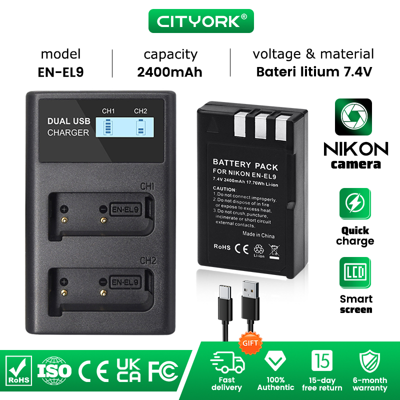 Cityork EN-EL9 ENEL9 EN EL9 2400mAh Camera Battery + LCD Dual Charger ...