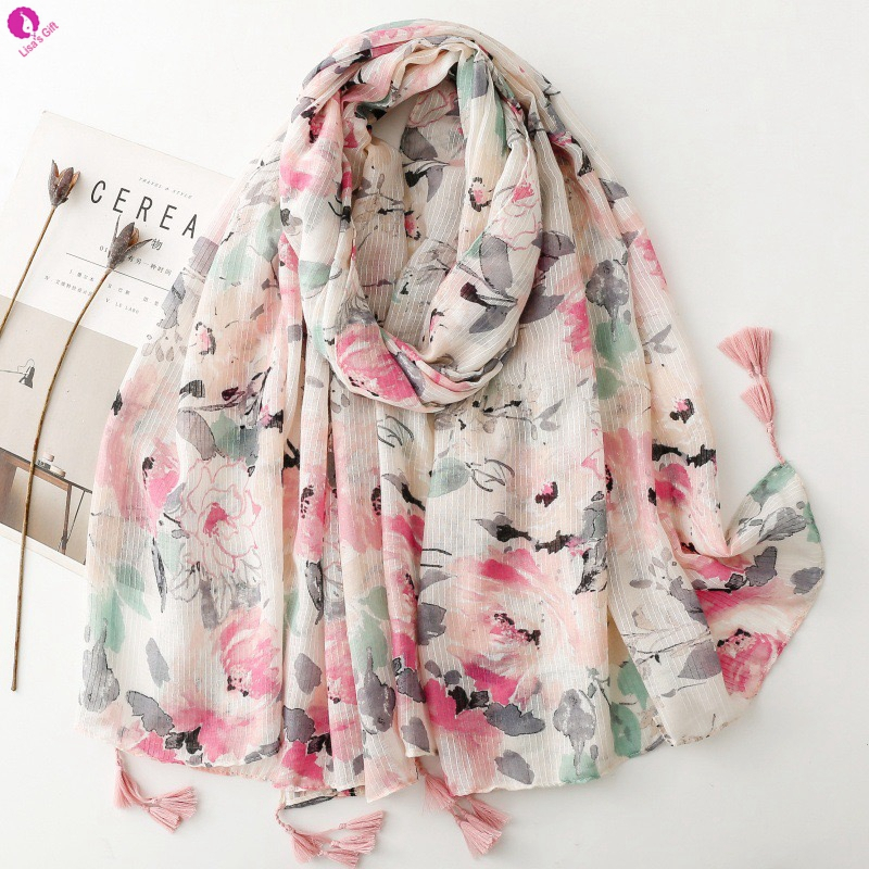 Lisa Fashion muslim fashion cotton shawl sweet floral printed wideshawl soft Ironess headwrap ...