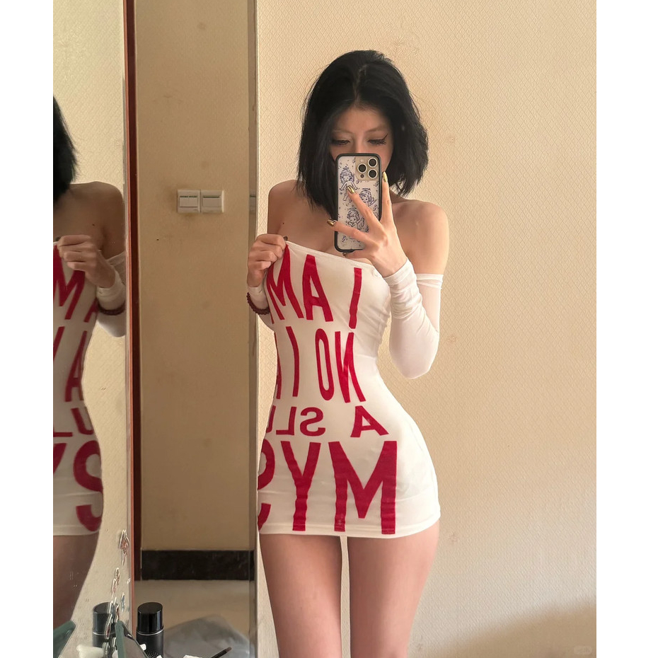 American Hot Girl One-Shoulder Printed Long-Sleeved Dress Sexy Slim-Fit Slimmer Look Inner Hip ...