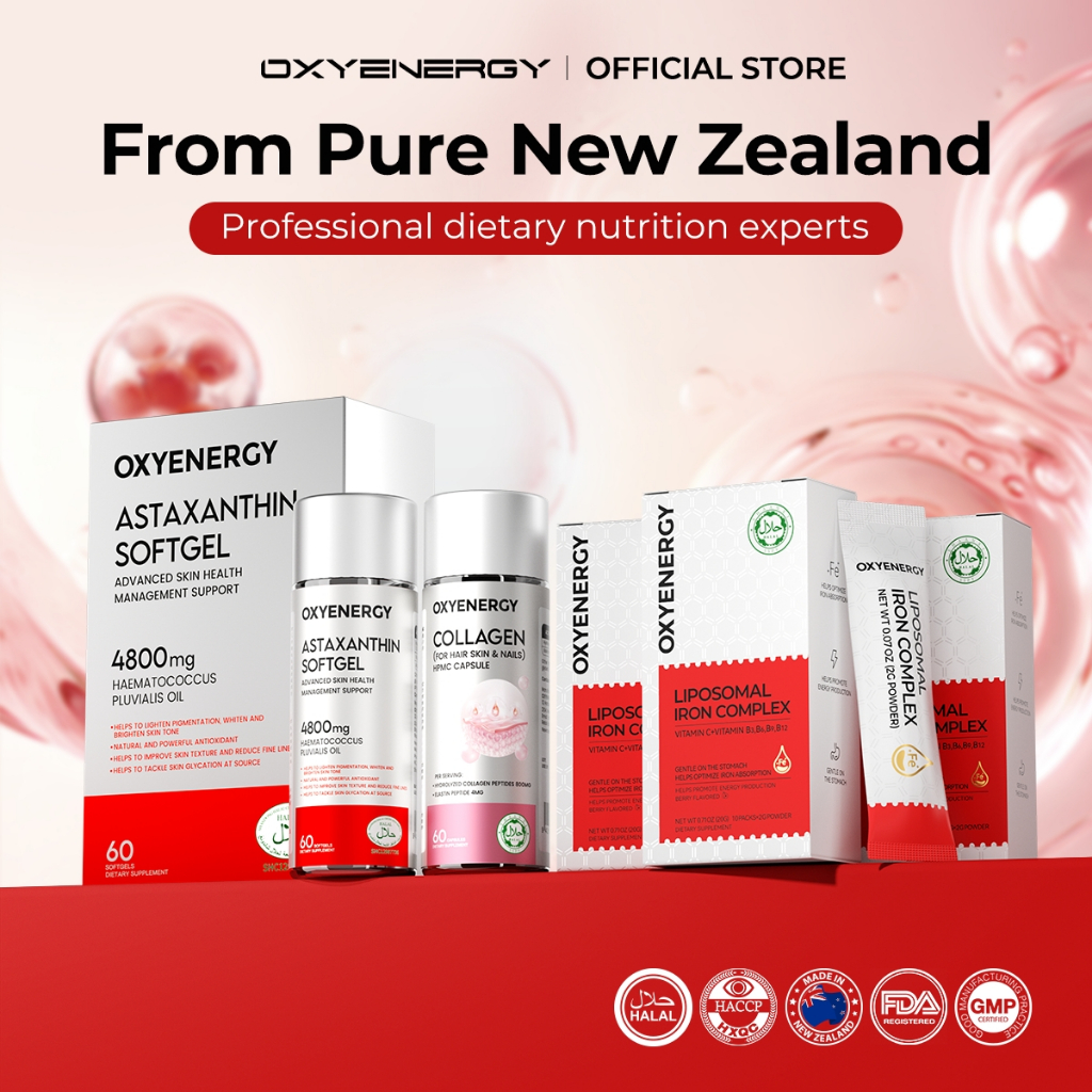 Oxyenergy Liposomal + Collagen + Astaxanthin Set【Zat Besi Ibu Hamil】Iron Complex 10/30/60 ...