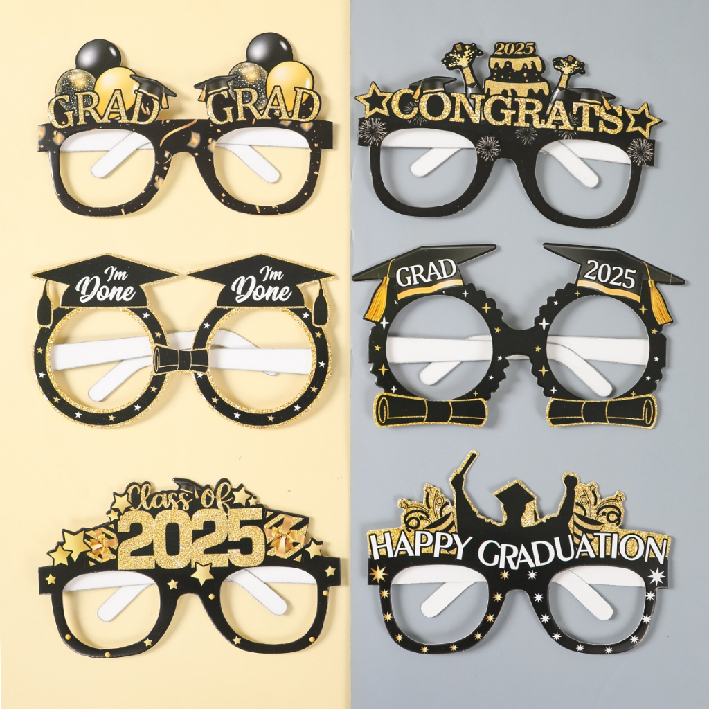 6pcs Black Gold Congrats Grad Paper Glasses Happy Graduation Photo ...
