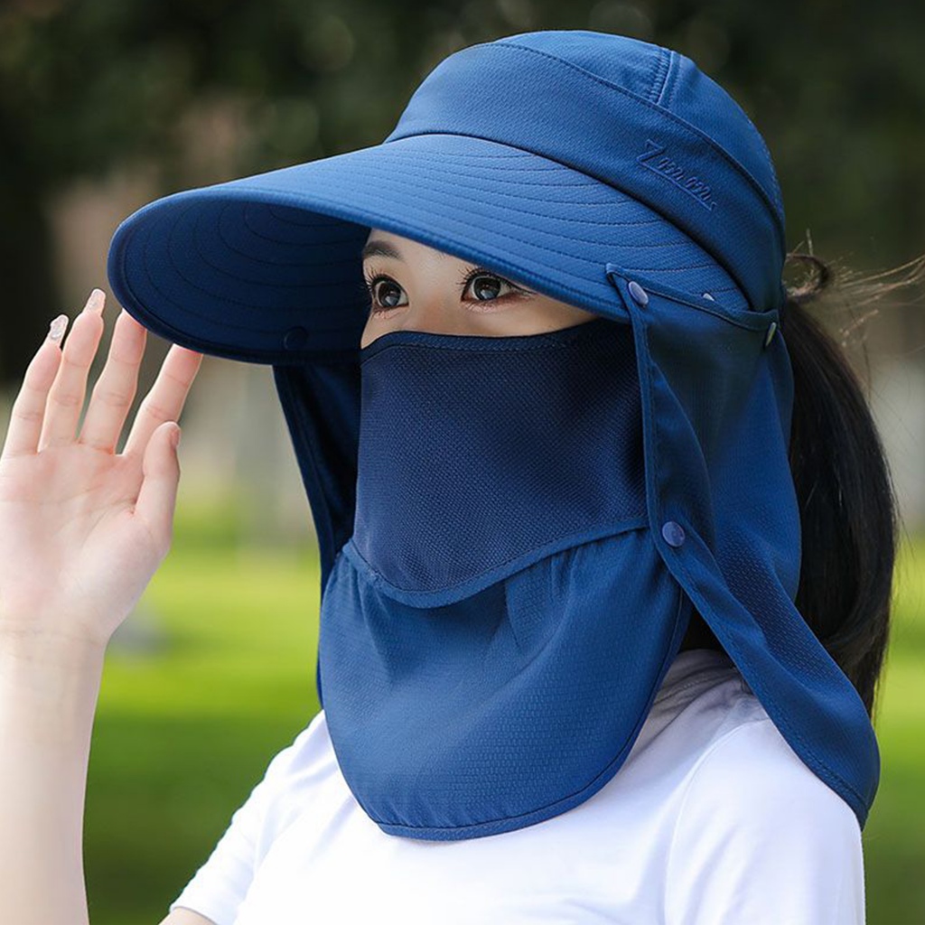 Women Full Face Sun Hat Topi Matahari UV Protection Wide Brim Face Mask ...
