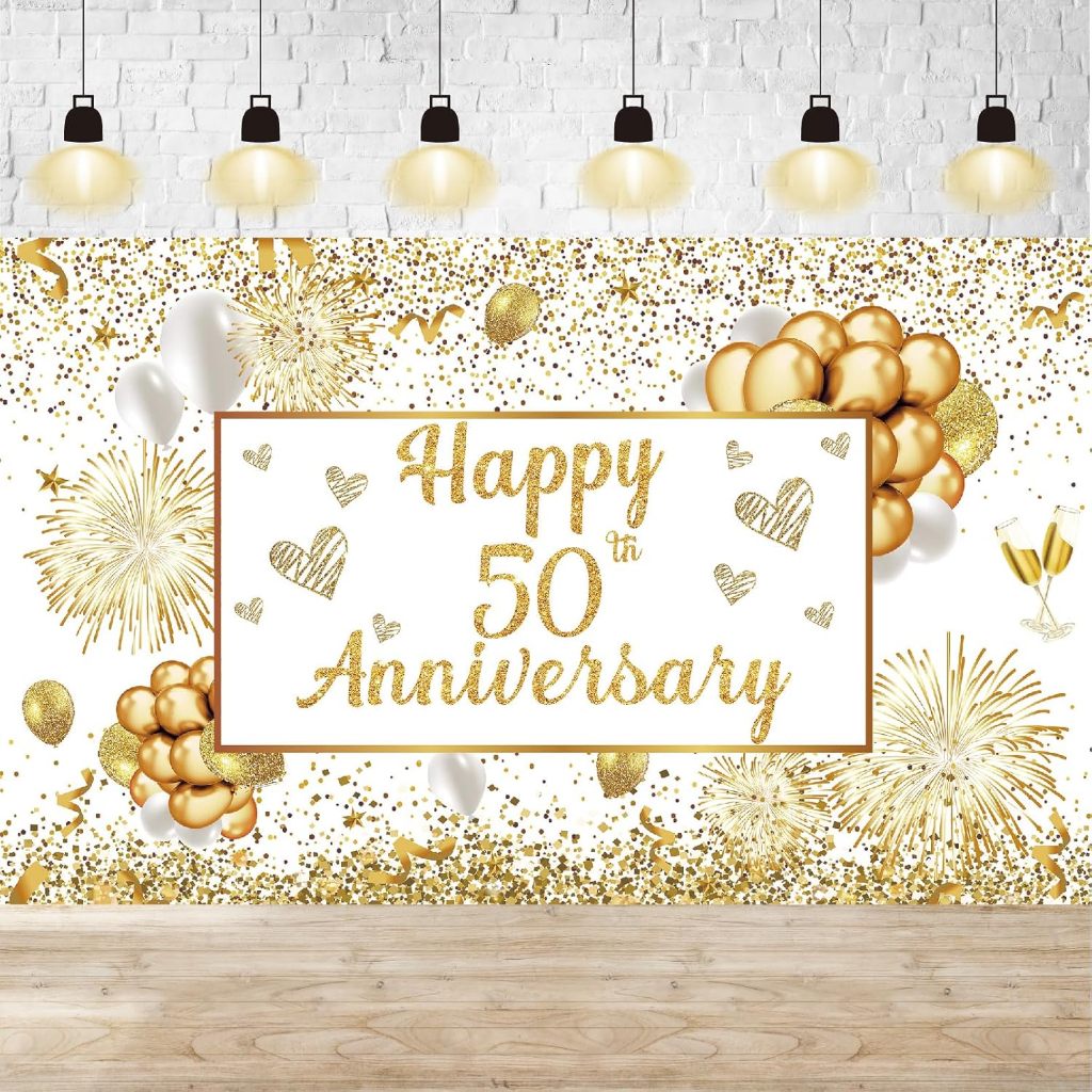 Happy 50th Wedding Anniversary Photography Backdrop White Gold Happy ...