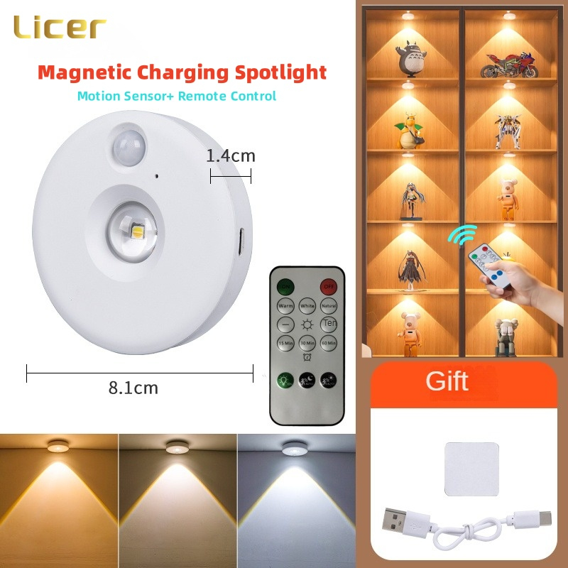 Licer LED Multifunction Motion Sensor Spotlight Tricolor Dimming USB Rechargeable Cabinet Light ...