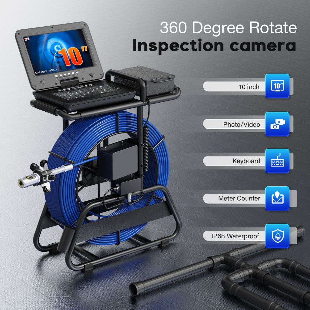 10" Screen 360° Rotate Dual Lens Sewer Drain Pipe Pipeline Endoscope ...