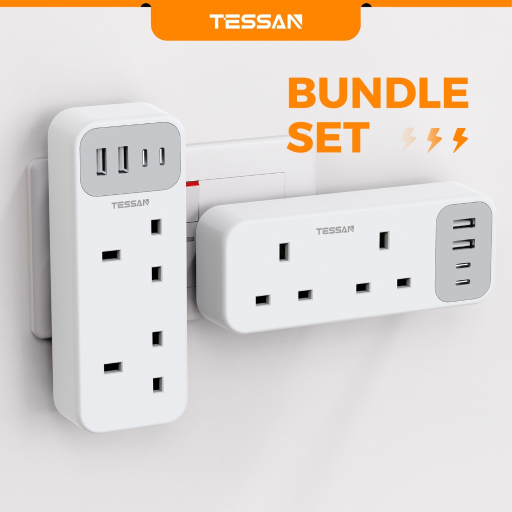 TESSAN Multi Plug Adapter with USB C,2 Way Plug Extension Power Socket ...