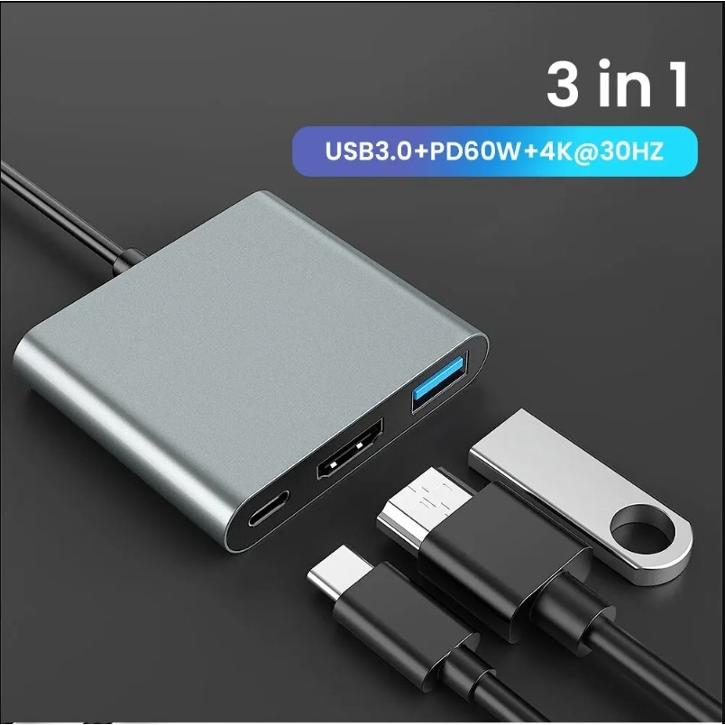 3-in-1 USB C Hub with 60W Type C Power Delivery 4K HDMI Square Portable ...