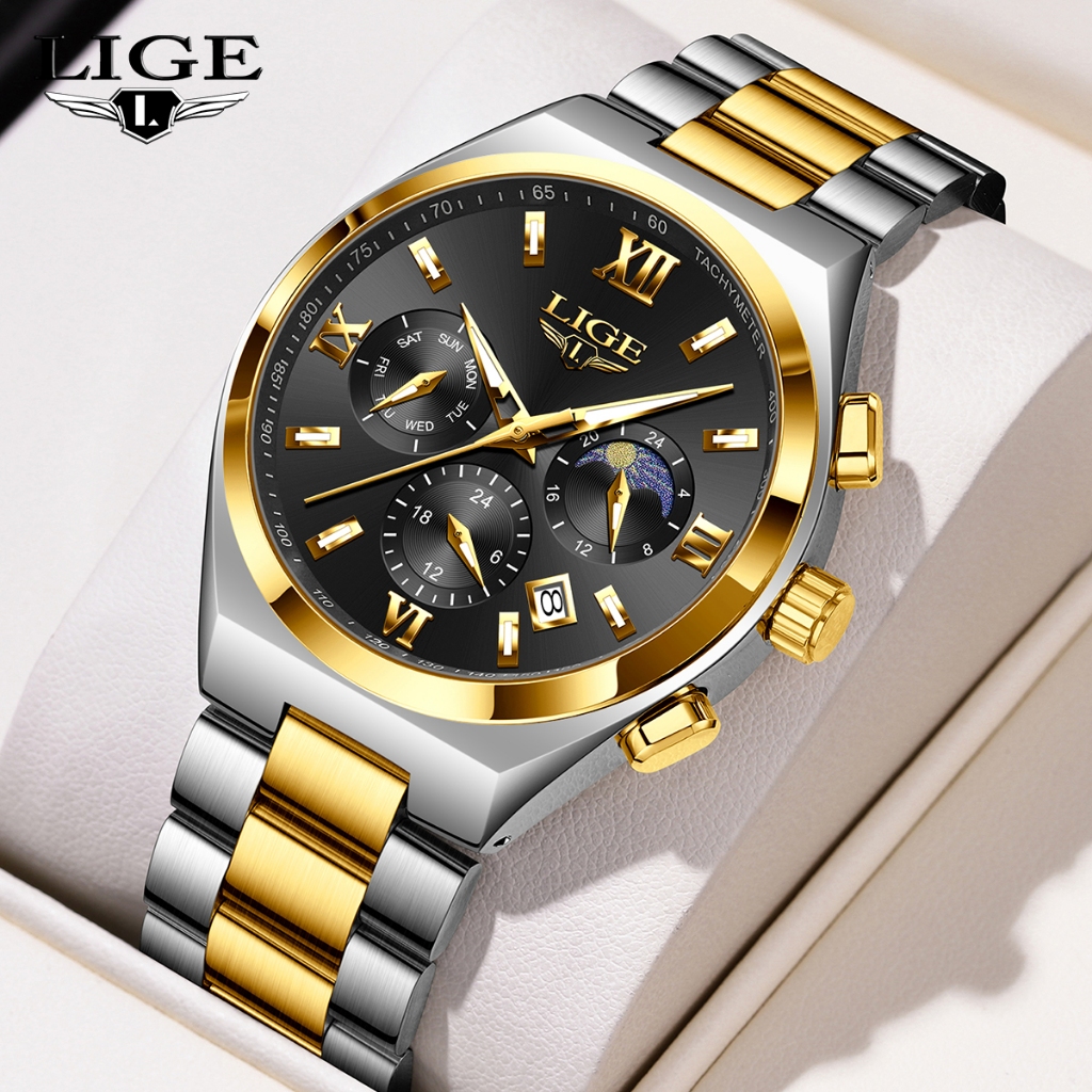 LIGE Fashion Mens Watch Luxury Calendar Stainless Steel Quartz ...