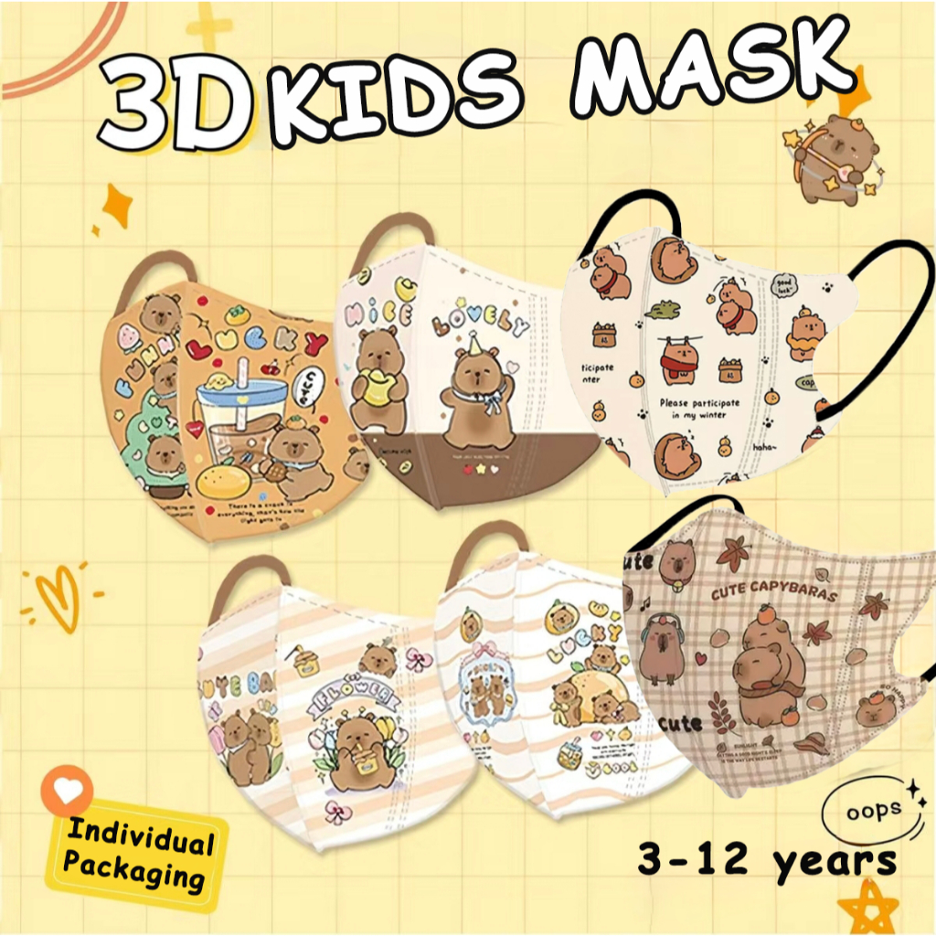 50PCS 3D Face Mask Capybara Kids Mask Cartoon 3PLY Breathable ...
